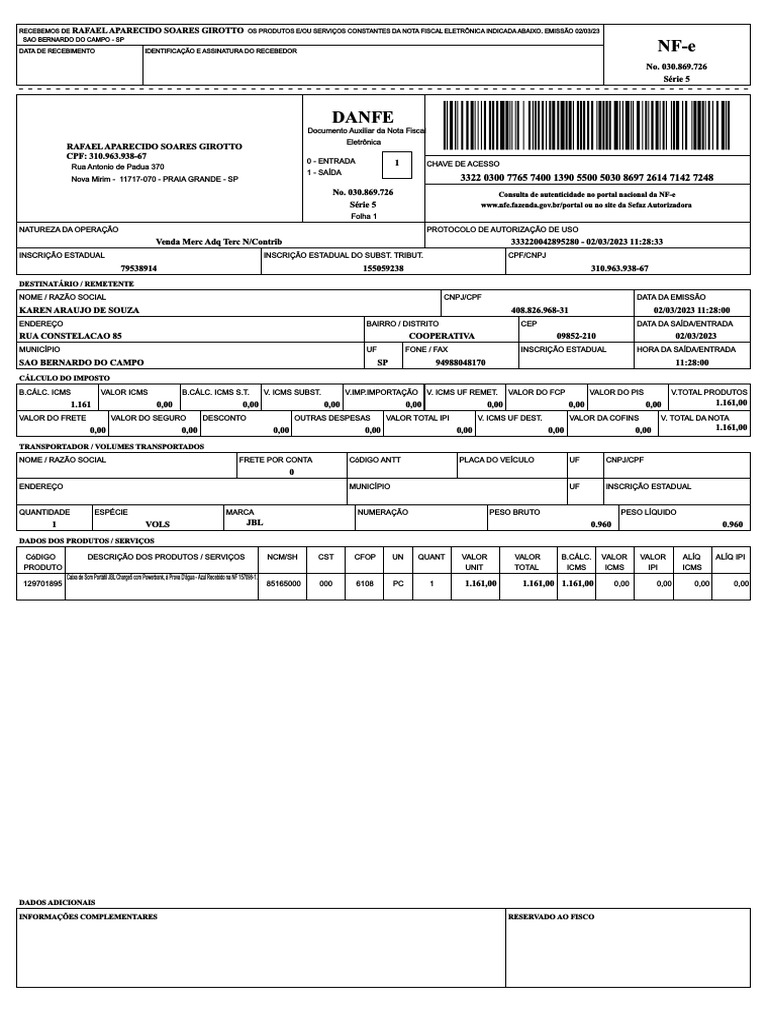 Danfe 1 | PDF | Recibo | Comércio