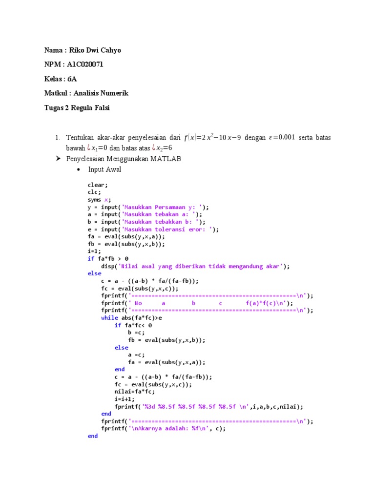 6A - A1C020071 - Riko Dwi Cahyo - Metode Regula Falsi | PDF