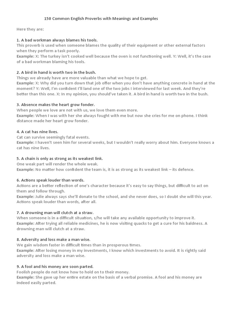 150 Common English Proverbs With Meanings and Examples | PDF | Proverb