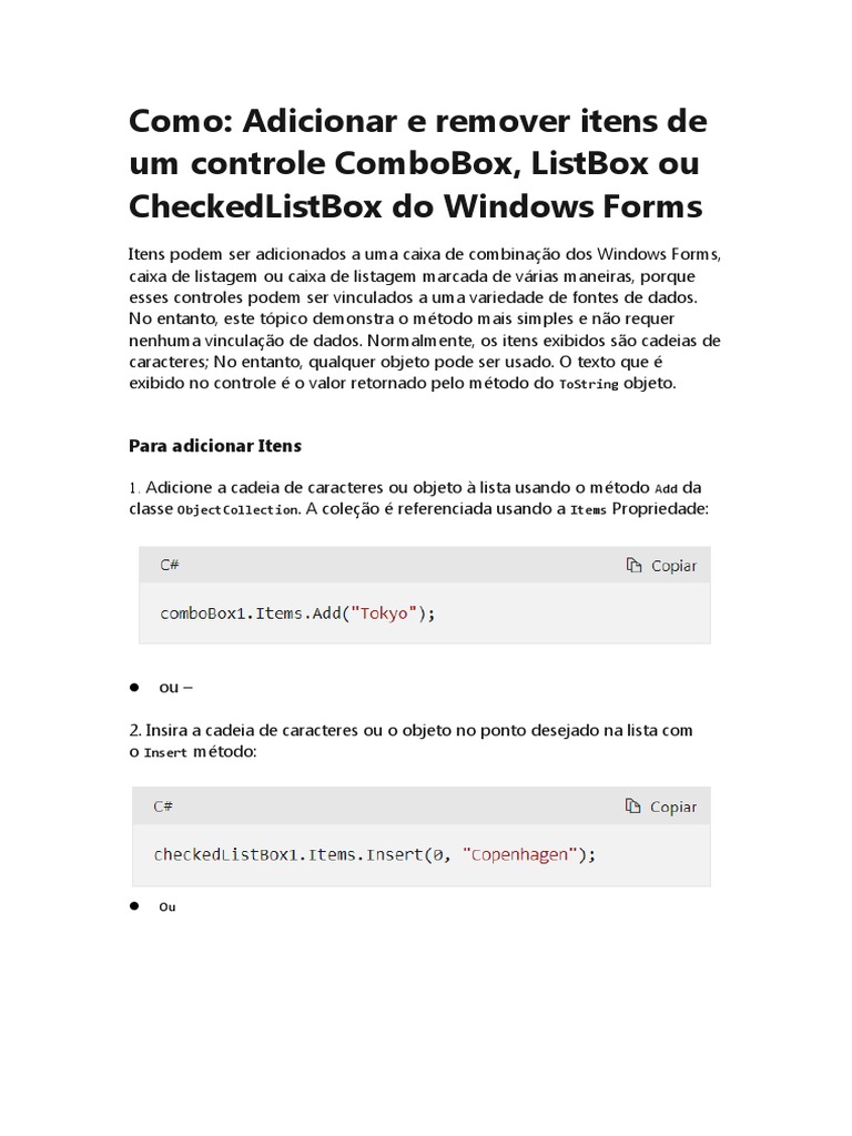 Como Adicionar e Remover Itens de Um Controle ComboBox, ListBox Ou CheckedListBox Do Windows ...