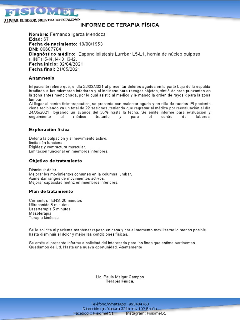 Informe De Fisioterapia Espondilolistesis Pdf