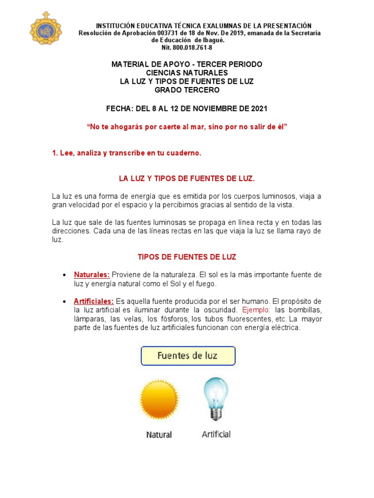 Tipos de fuentes de luz naturales y artificiales | PDF | Ligero ...