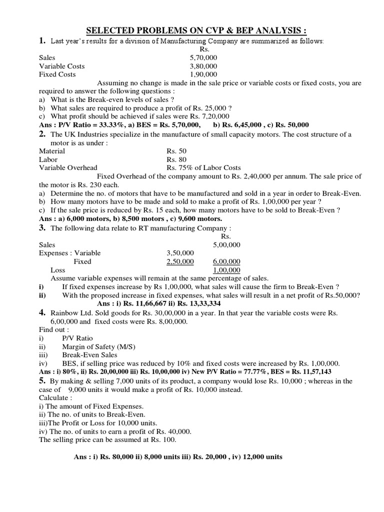 Prob. On CVP & BEP Analysis | PDF | Economics | Pricing