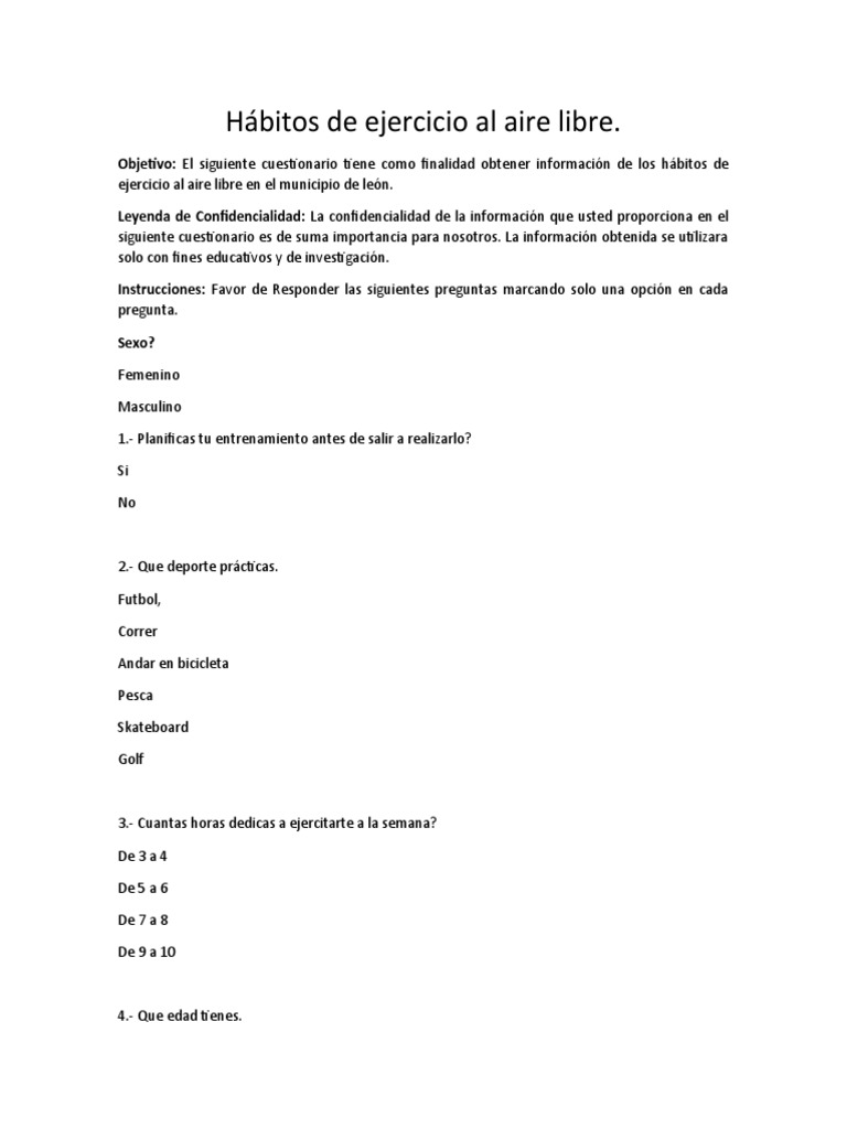 Hábitos de Ejercicio Al Aire Libre Travajo Final. | PDF