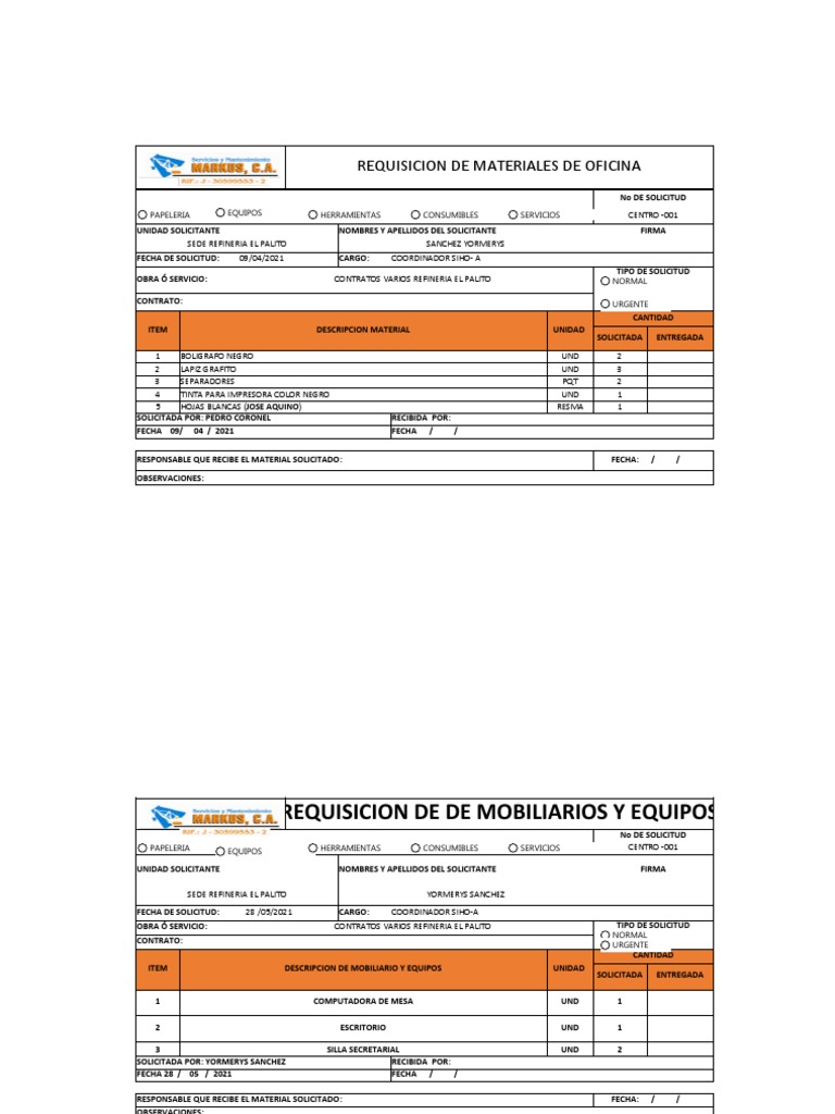 Formato de Requisicion de Materiales Papelerian de Materiales Papeleria ...