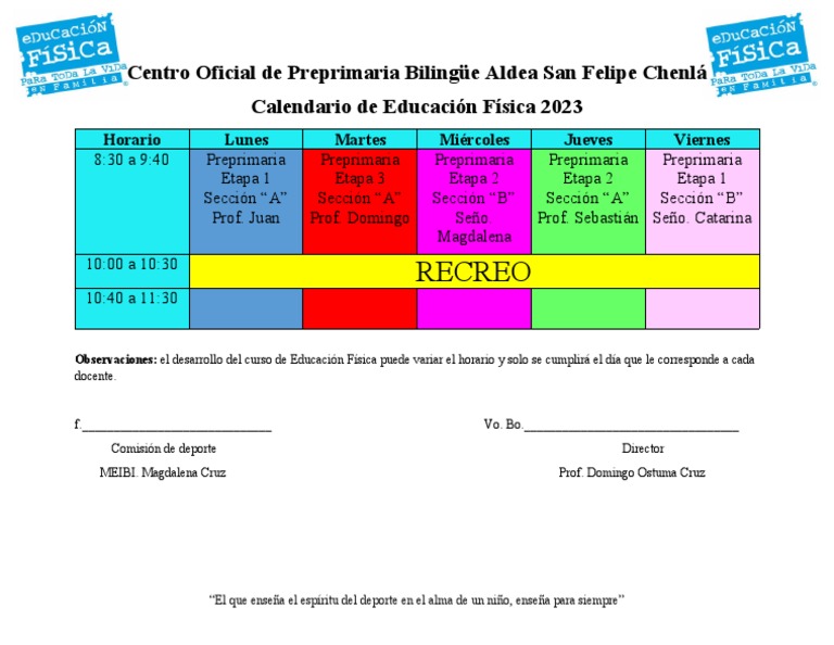 Calendario de Educacion Fisica | PDF