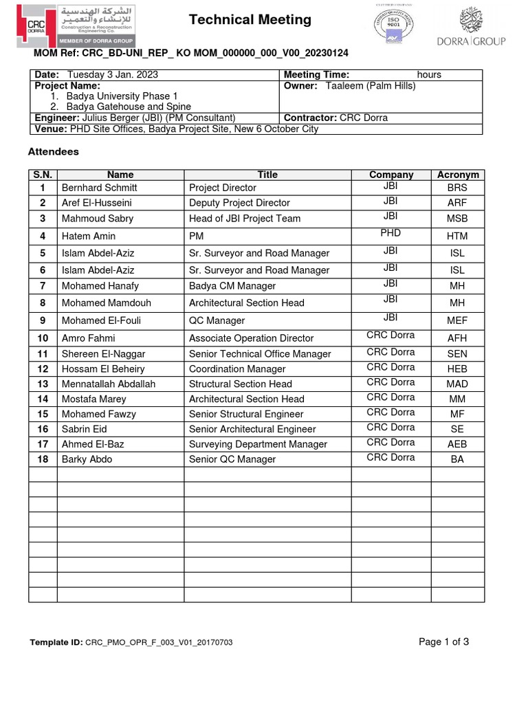 Badya Project Technical Meeting Minutes | PDF | Request For Information ...