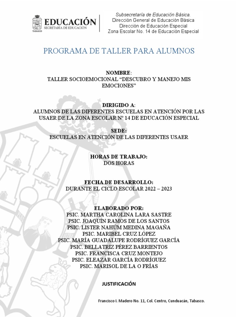 Programa de Taller Socioemocional para Alumnos | PDF | Las emociones | Aprendizaje