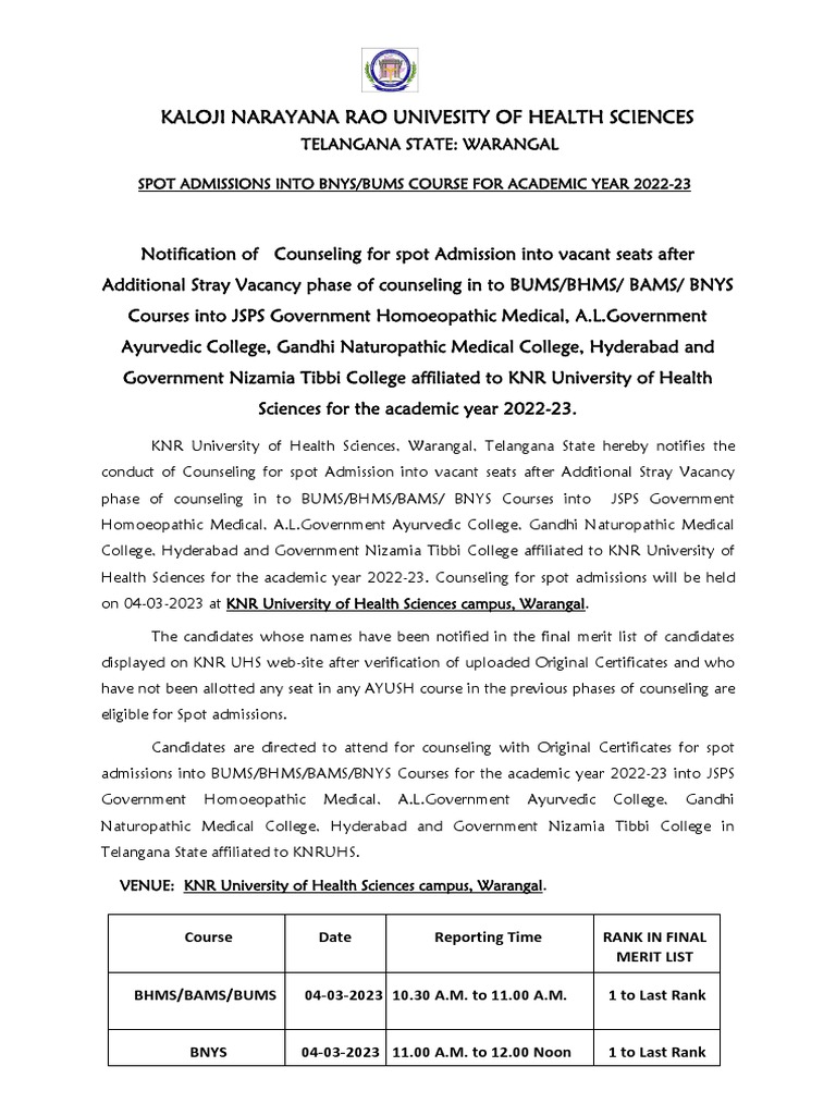 20230303110653bnys Spot Admission Notification 2022-23 | PDF | Medicine ...
