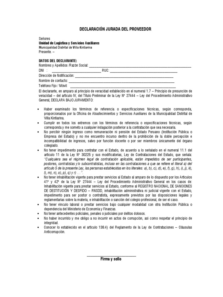 Declaración Jurada Del Proveedor | PDF | Corrupción política | Gobierno