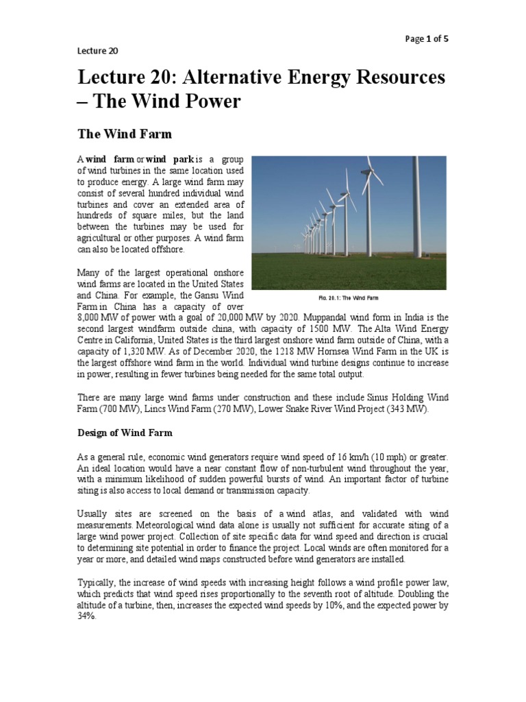 Lecture 20 - Alternative Energy Resources - Wind Power | PDF | Wind ...