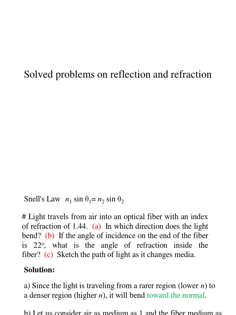 Solving Problems Involving Reflection and Refraction Using Snell's Law | PDF | Refraction ...
