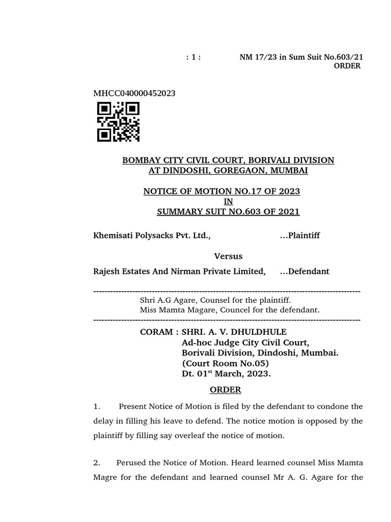 Condonation of Delay in Dindoshi Court | PDF | Judgment (Law) | United ...