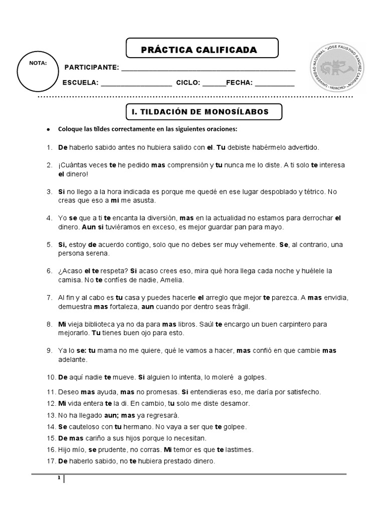 Práctica de Monosilabos - Polisilabos | PDF