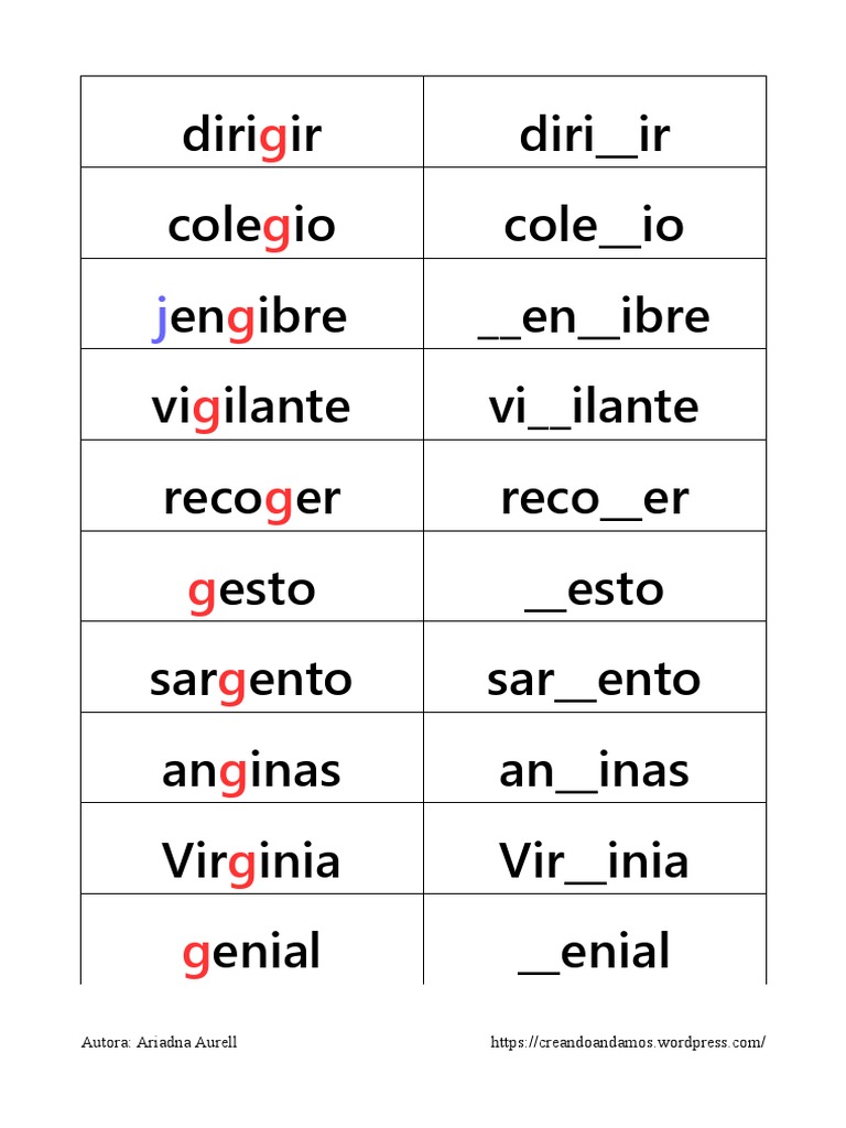 Palabras con ge, gi, je y ji para niños | PDF