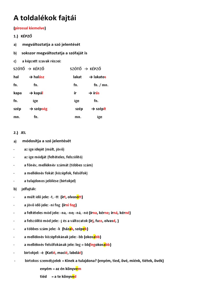A Toldalékok Fajtái - Nyelvtan - 5.o. - Képző, Jel, Rag | PDF