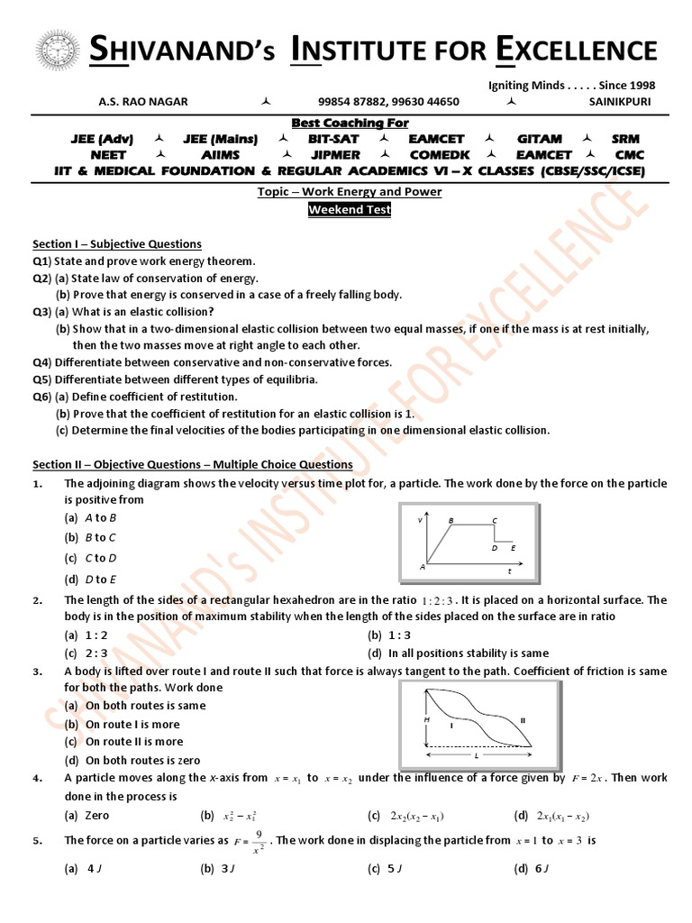 SHINE - Physics - Work Energy and Power - XI - QP - 16th Oct, 2022 | PDF | Force | Physical ...