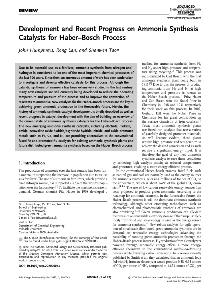 Development And Recent Progress On Ammonia Synthesis Catalysts For