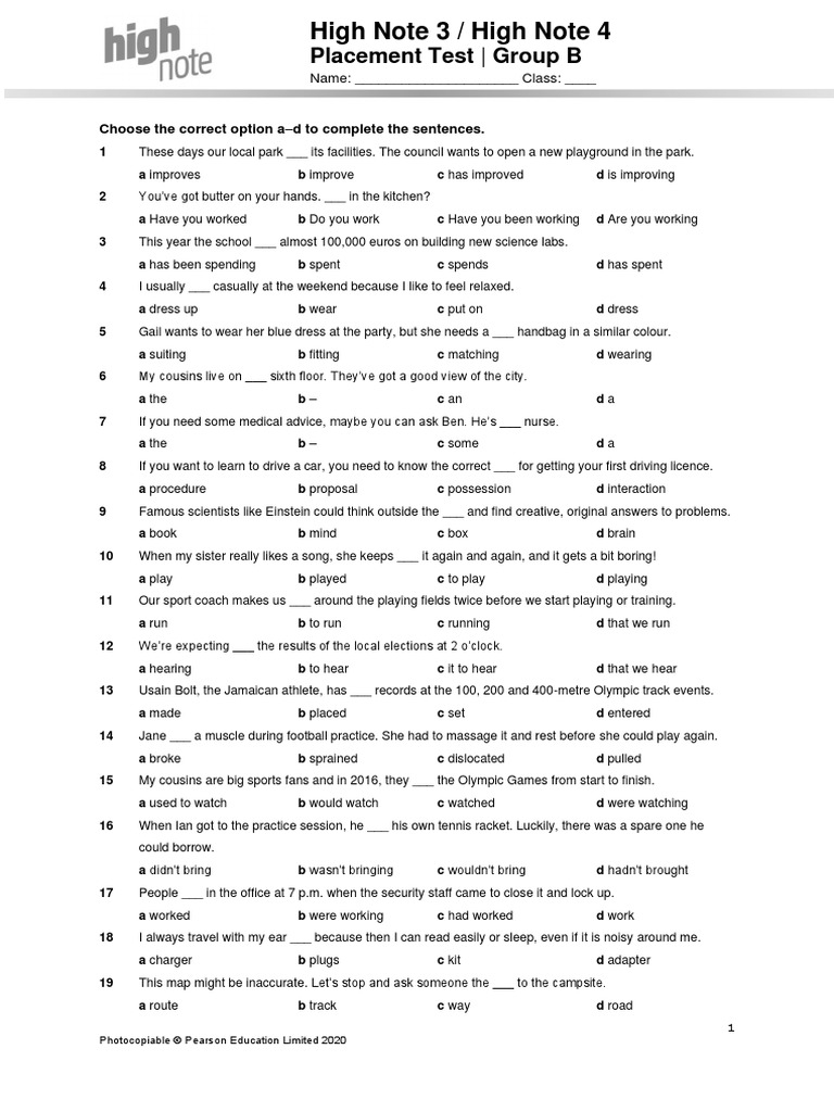 HighNote3 HighNote4 Placement Test GroupB | PDF