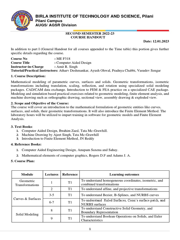 BITS Pilani CAD Course Overview | PDF | Computer Aided Design | Finite Element Method
