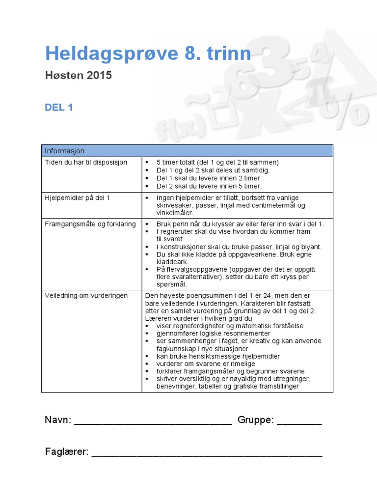 8 Trinn Hele Prøven - Fasit Høsten 2015 | PDF
