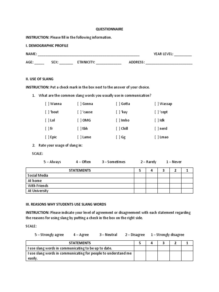 QUESTIONNAIRE | PDF | Slang | Communication