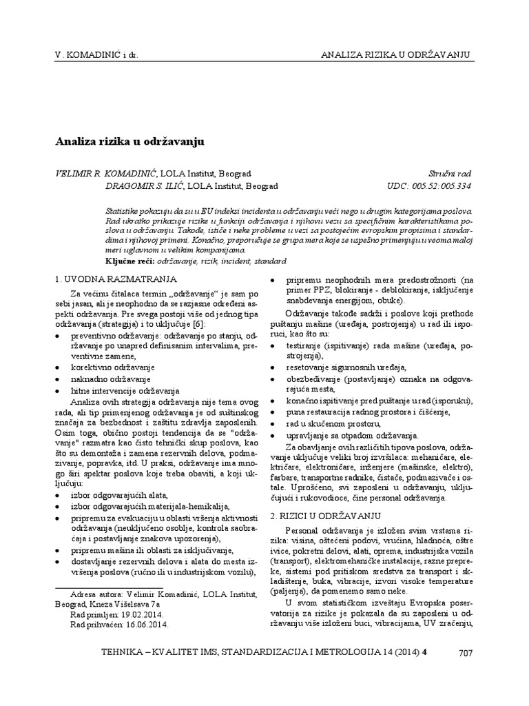 Analiza Rizika U Održavanju 0040-21761404706K | PDF
