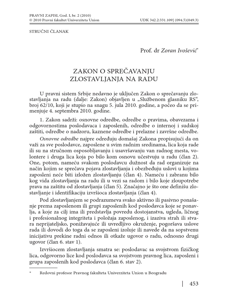Zakon O Sprečavanju Zlostavljanja Na Radu: Prof. DR Zoran Ivošević | PDF