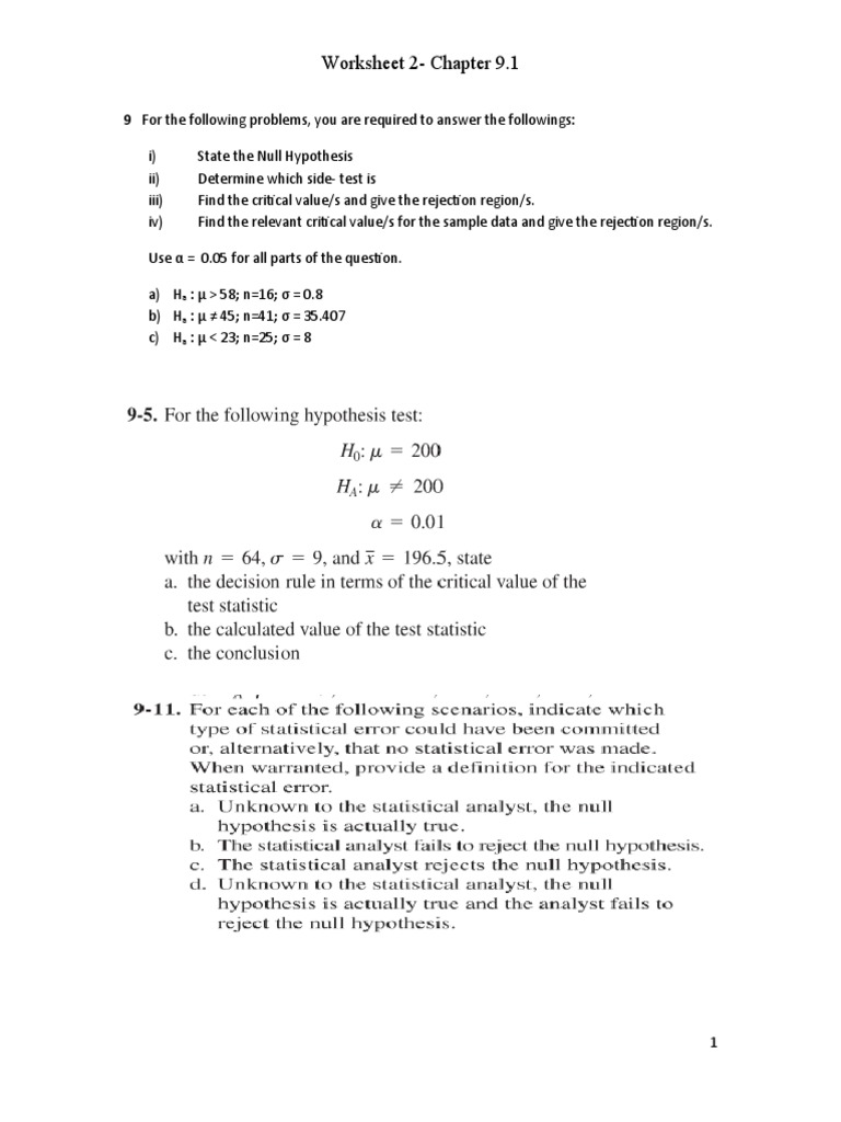 Hypothesis Testing Worksheet 9.1 | PDF