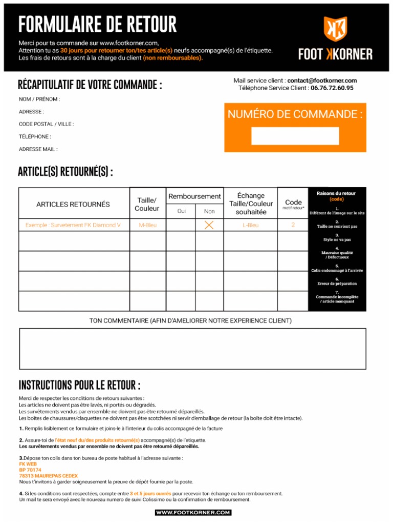 Footkorner Formulaire de Retour | PDF