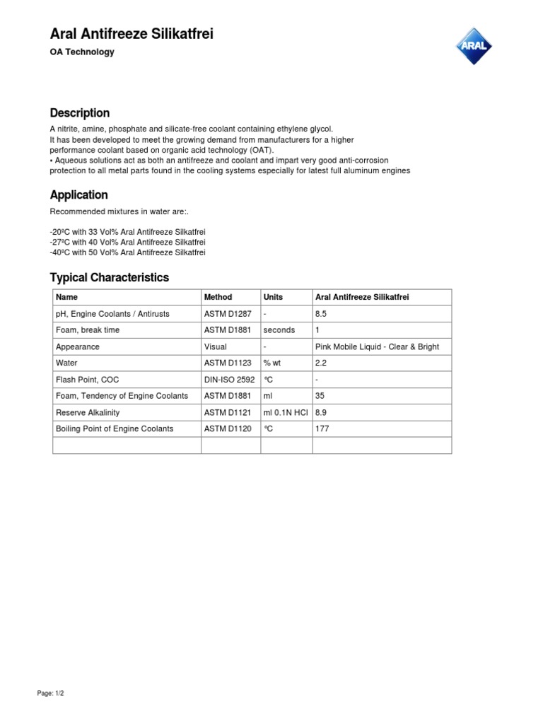 Aral Antifreeze Silikatfrei Global English PDB 456112 | PDF | Materials ...