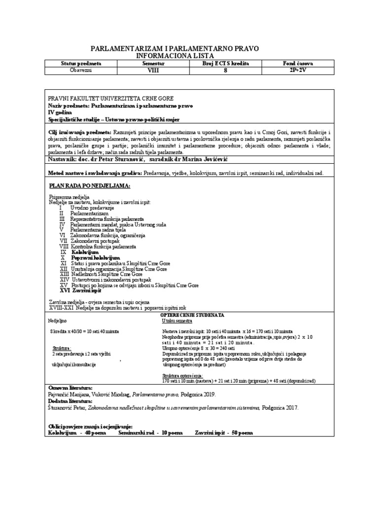 Parlamentarizam I Parlamentarno Pravo ECTS | PDF