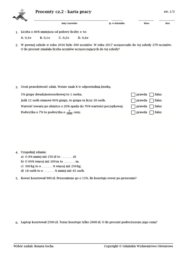 20.03 - Klasa 8 - Procenty Cz.2 | PDF