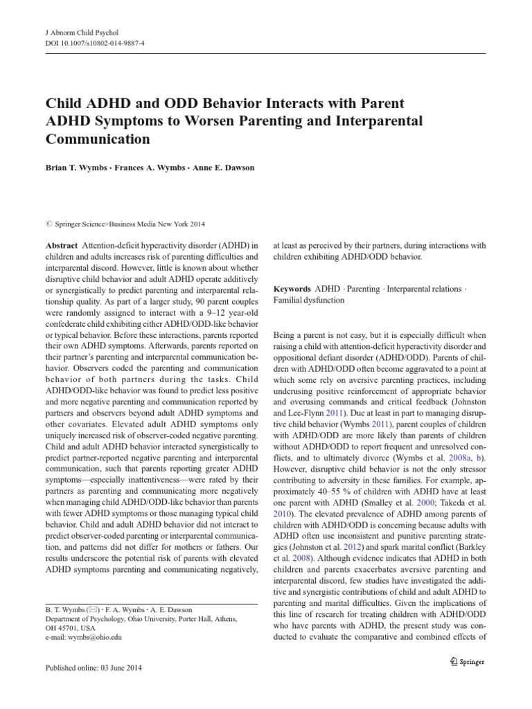 Child ADHD and ODD Behavior Interacts With Parent ADHD Symptoms To Worsen Parenting and ...