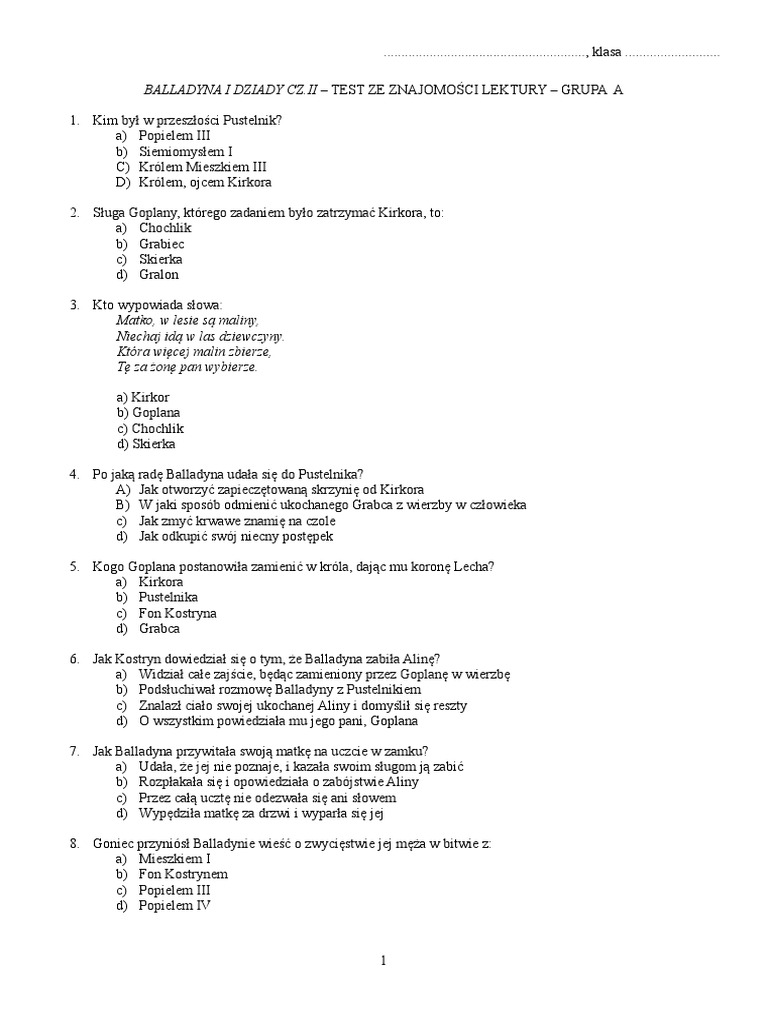 Balladyna Test Grupy AB I DZIADY CZ2 | PDF