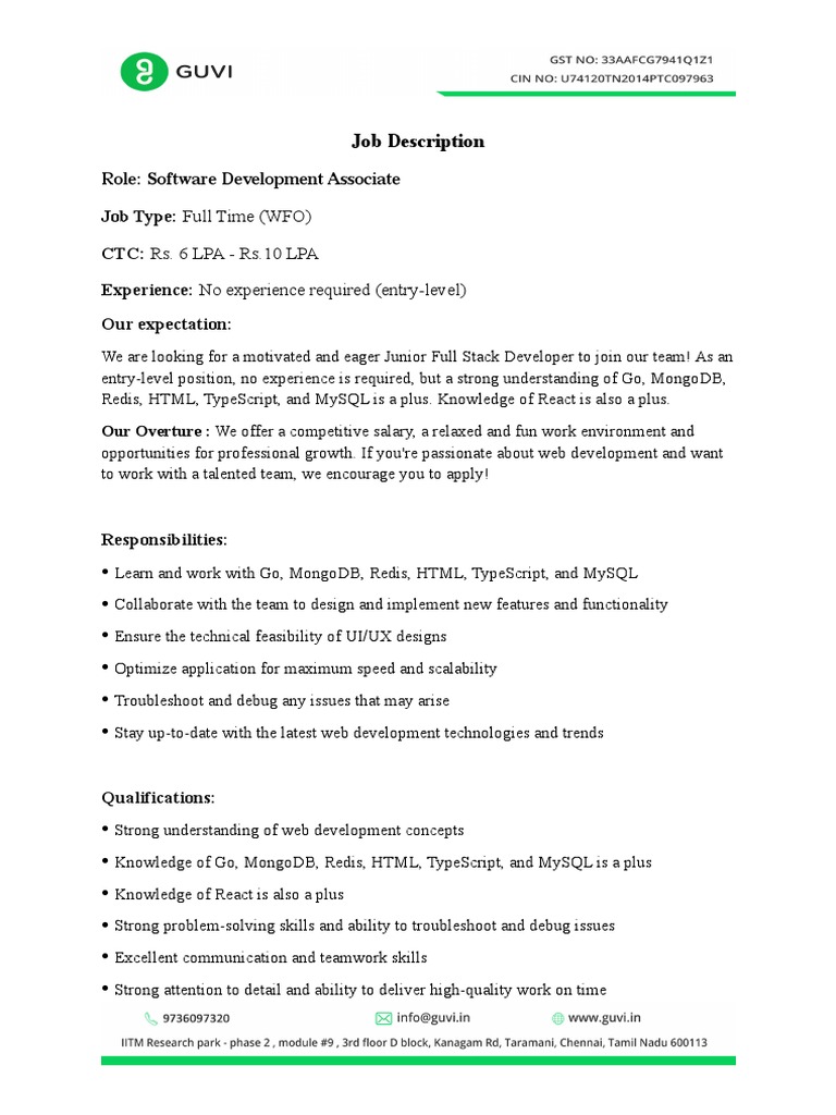 GUVI - JD - Software Development Associate | PDF