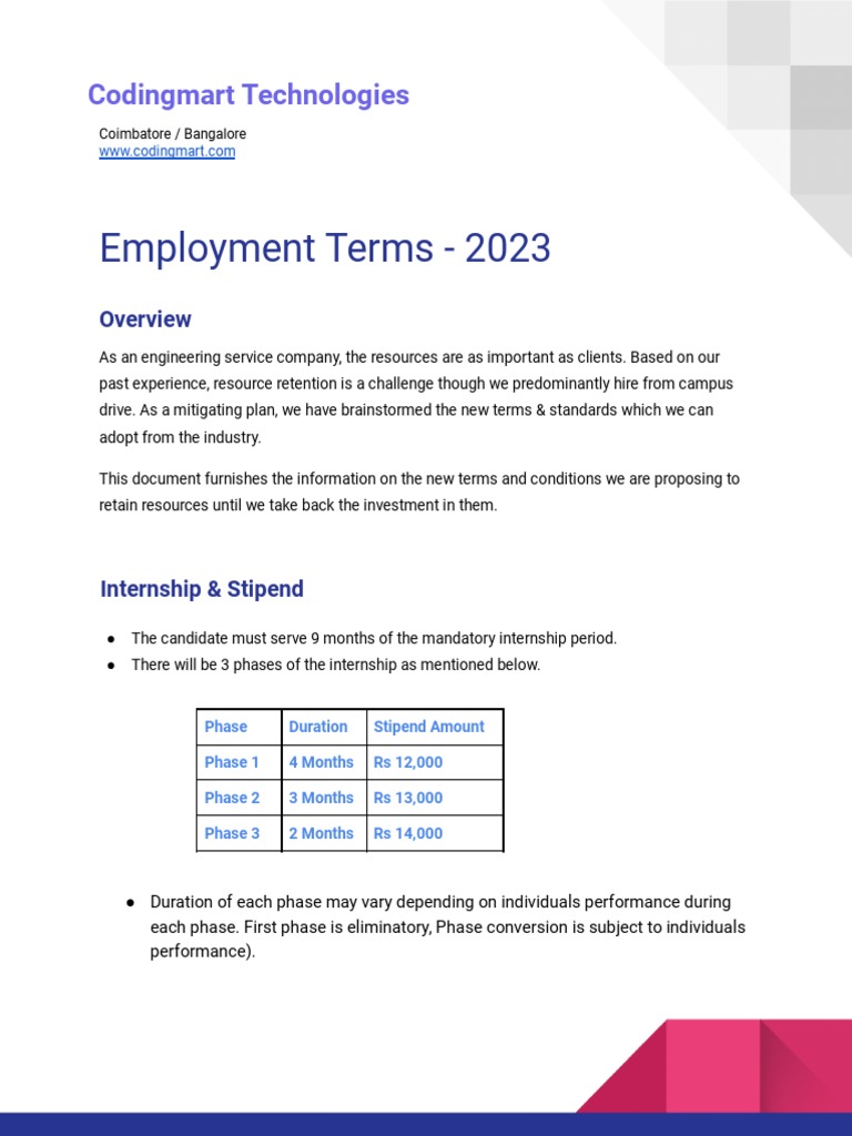 Employment Terms - Campus Hiring Handbook 1 | PDF