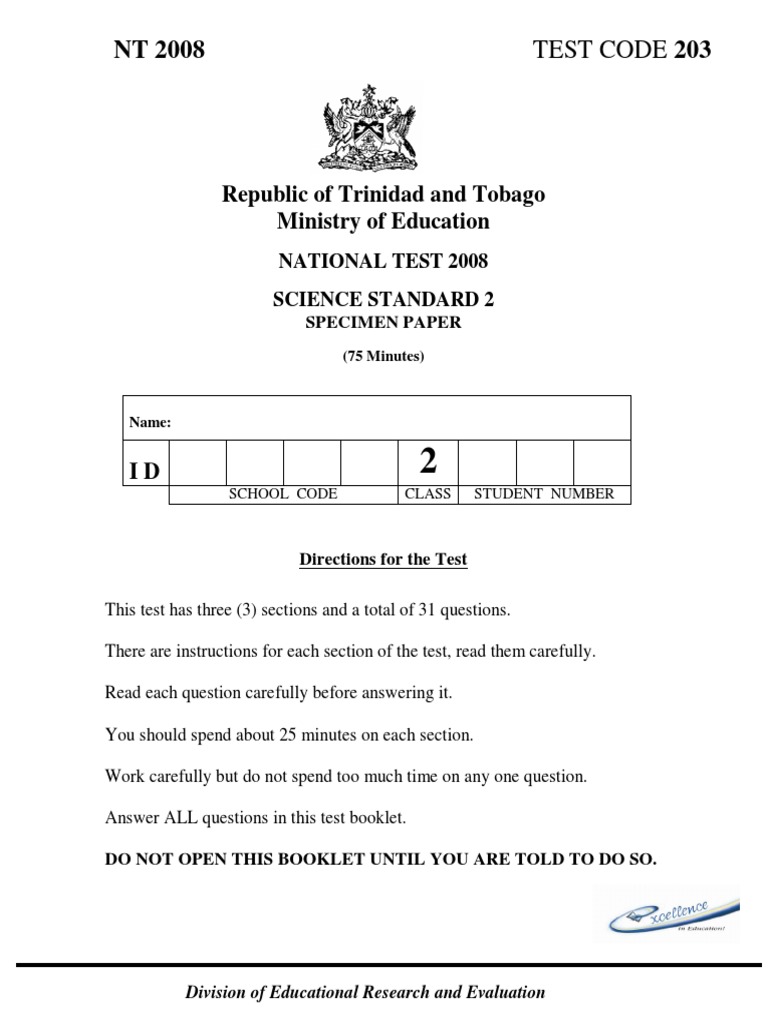 NT2008 Science STD 2 Specimen | PDF