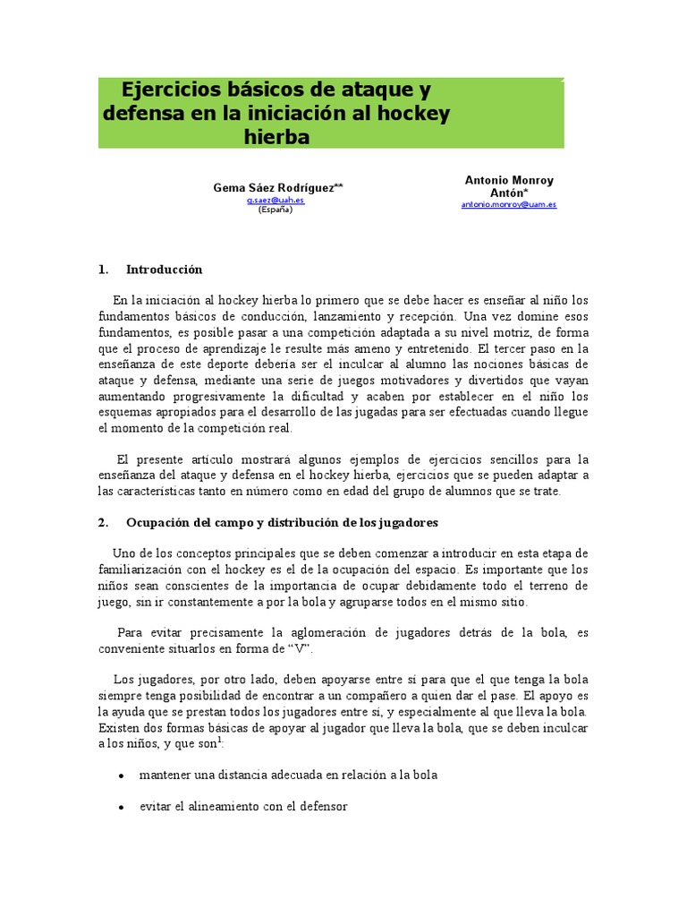 Hockey. Ejercicios Basicos de Ataque y Defensa en La Iniciacion | PDF | Defensor (Asociación de ...