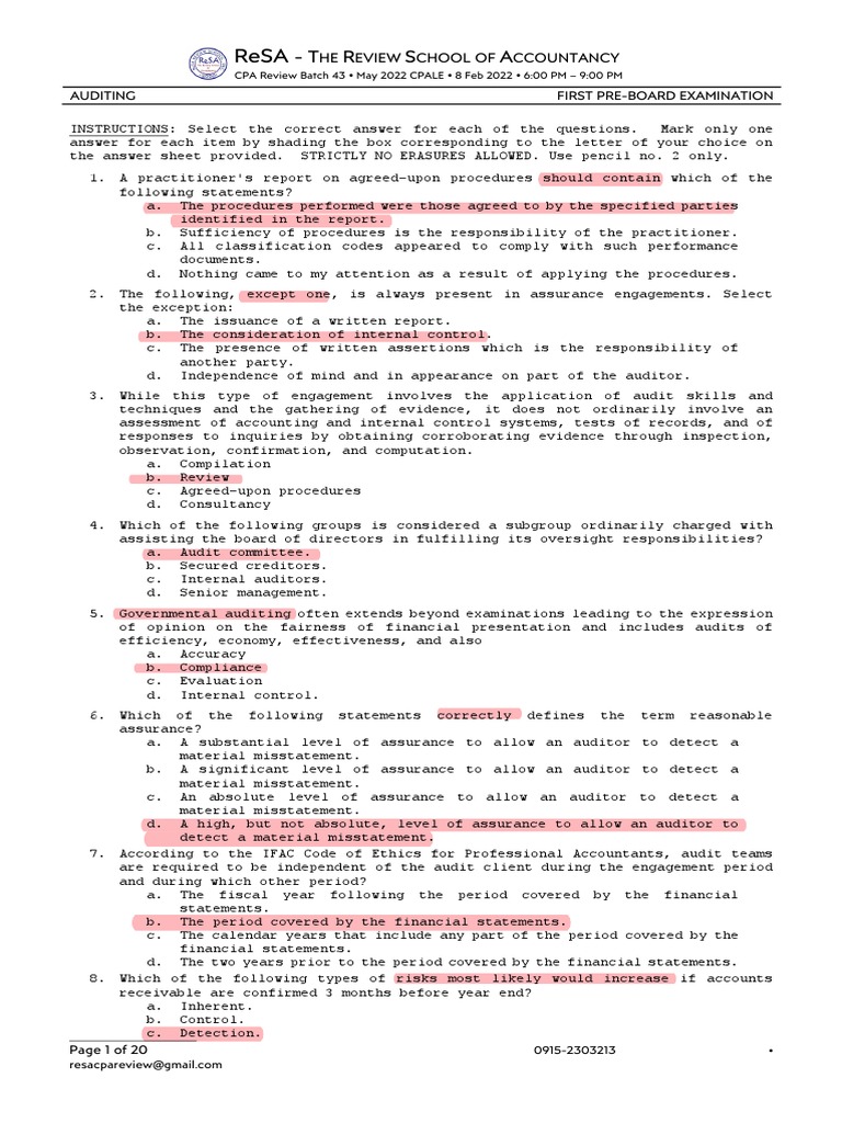 ReSA B43 AUD First PB Exam Questions Answers Solutions | PDF ...