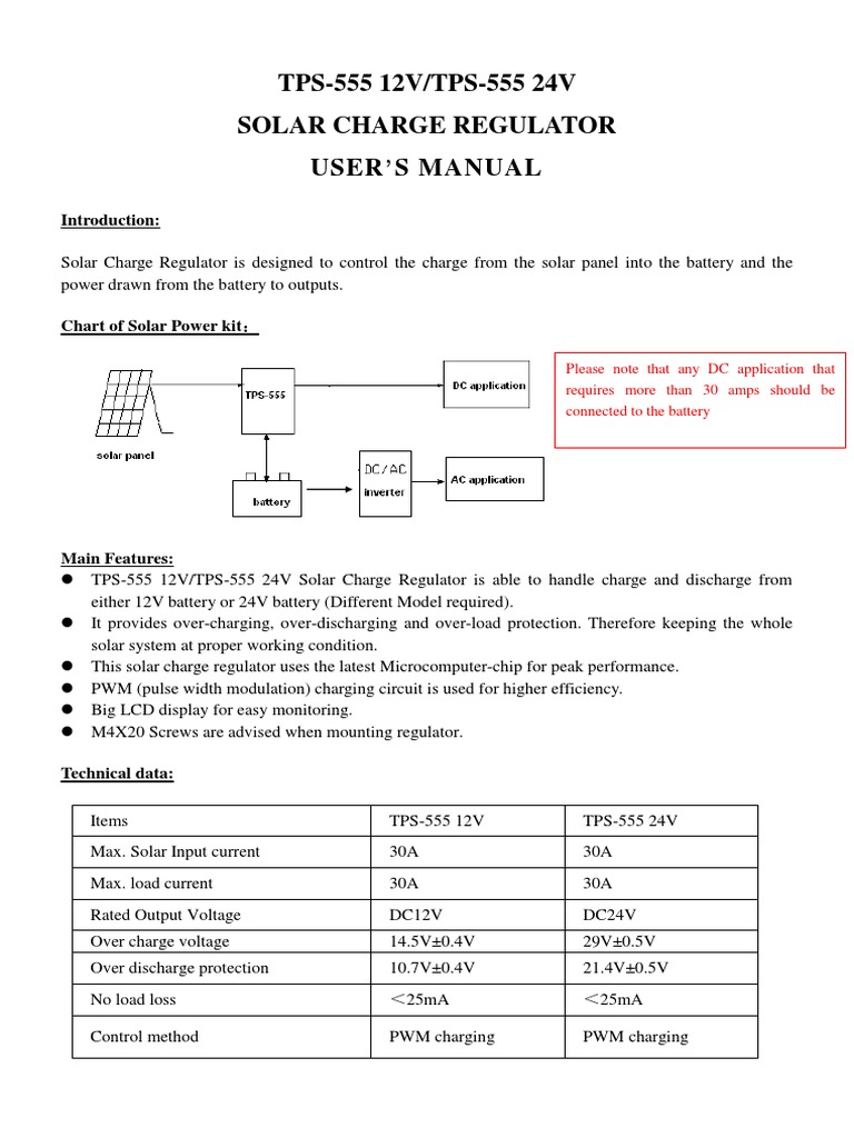 TPS-555 12V/TPS-555 24V Solar Charge Regulator User'S Manual | PDF | Solar Panel | Electrical ...