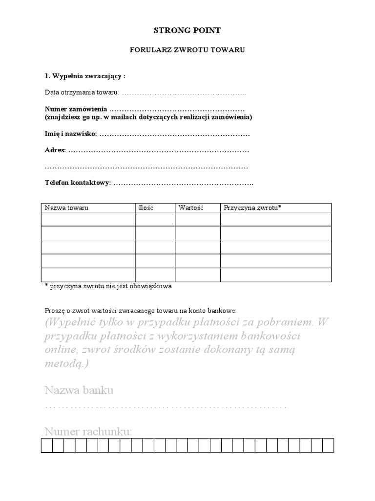 Formularz Zwrotu Strong Point 1 New | PDF