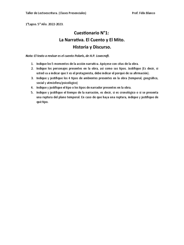 Cuestionario - Castellano - 5to Año - N°1 - 1er Lapso | PDF