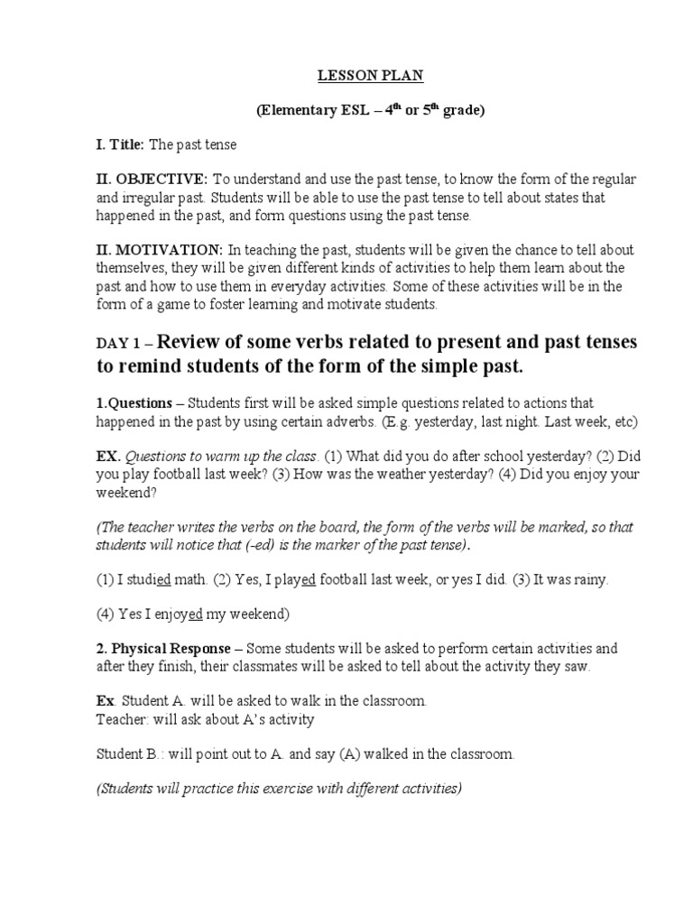 Learning the Past Tense: A Four-Day Lesson Plan for Elementary ESL ...