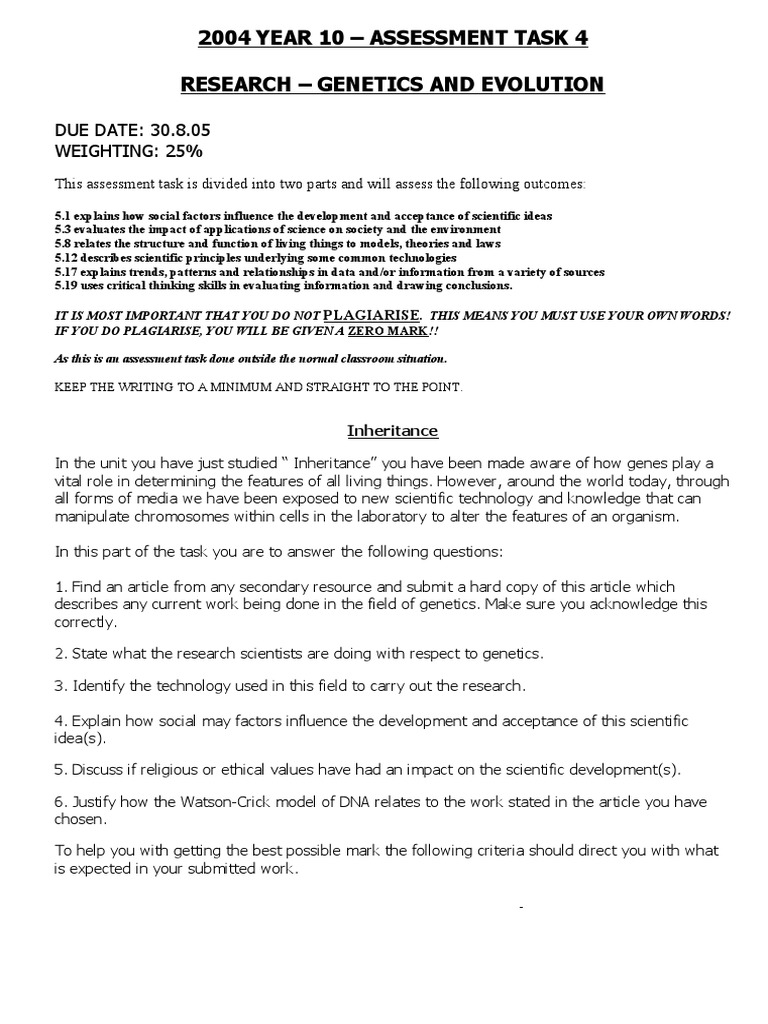 Genetics Research Assessment Task | PDF | Genetics | Evolution