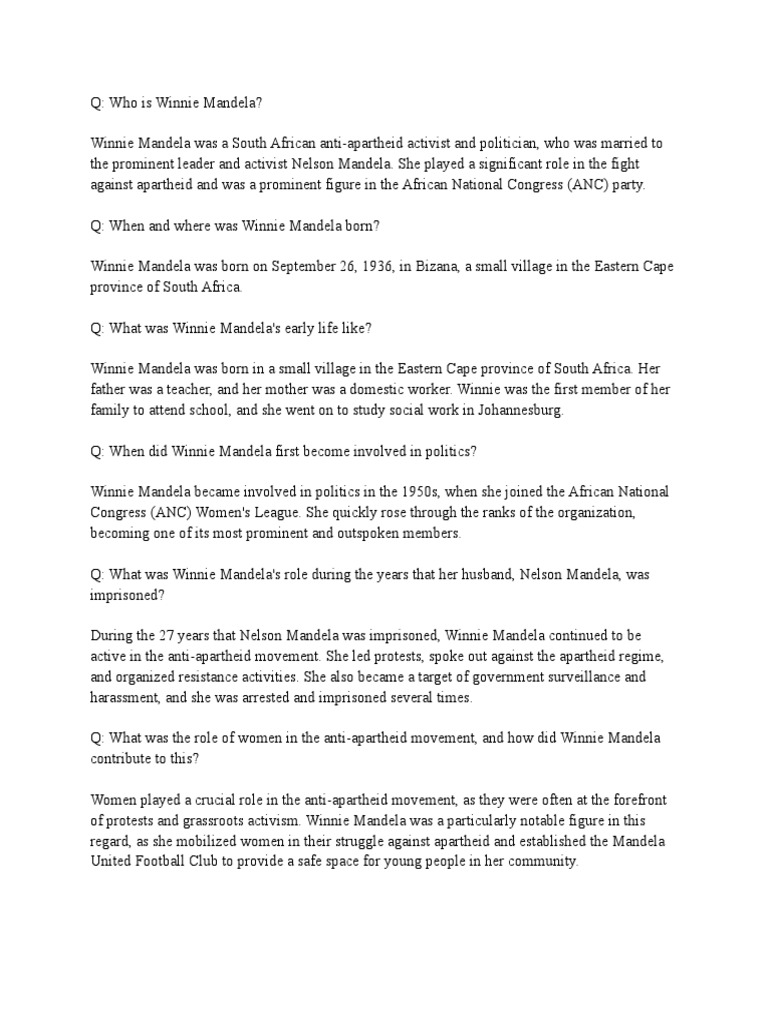 The Life and Legacy of Anti-Apartheid Activist Winnie Mandela: A Biography in Questions and ...