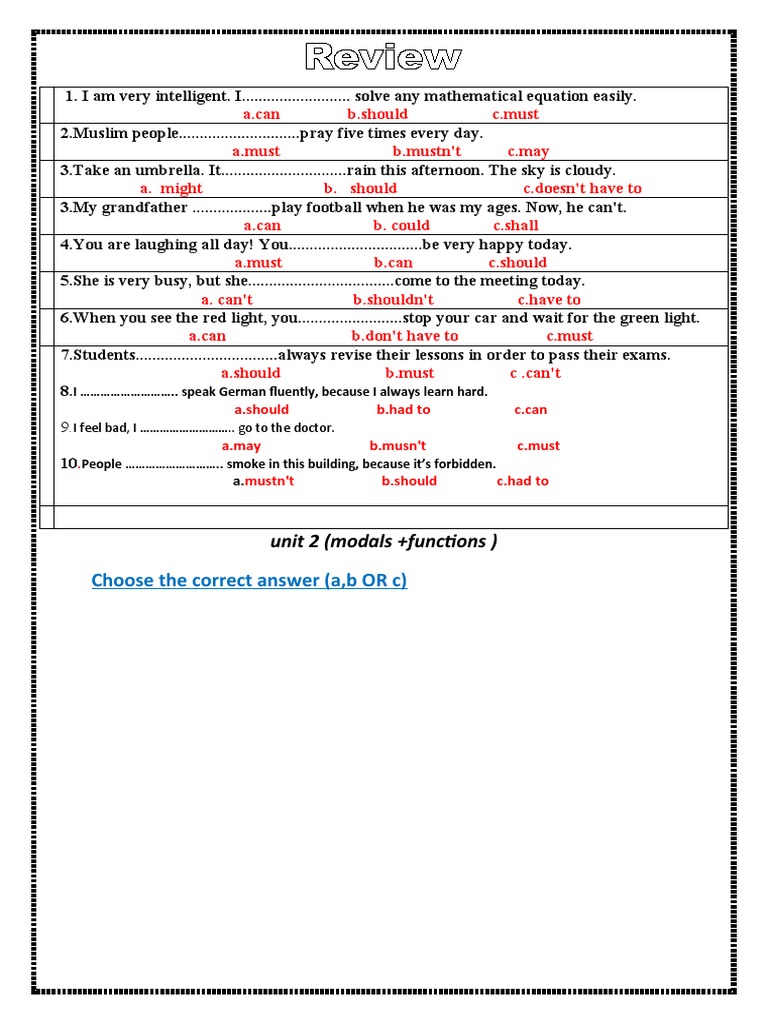Modals and Functions Quiz | PDF | Language Arts & Discipline