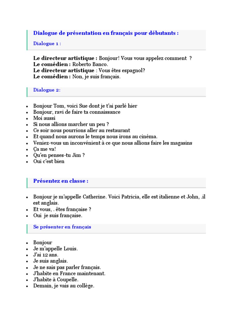 Dialogues de présentation pour débutants | PDF