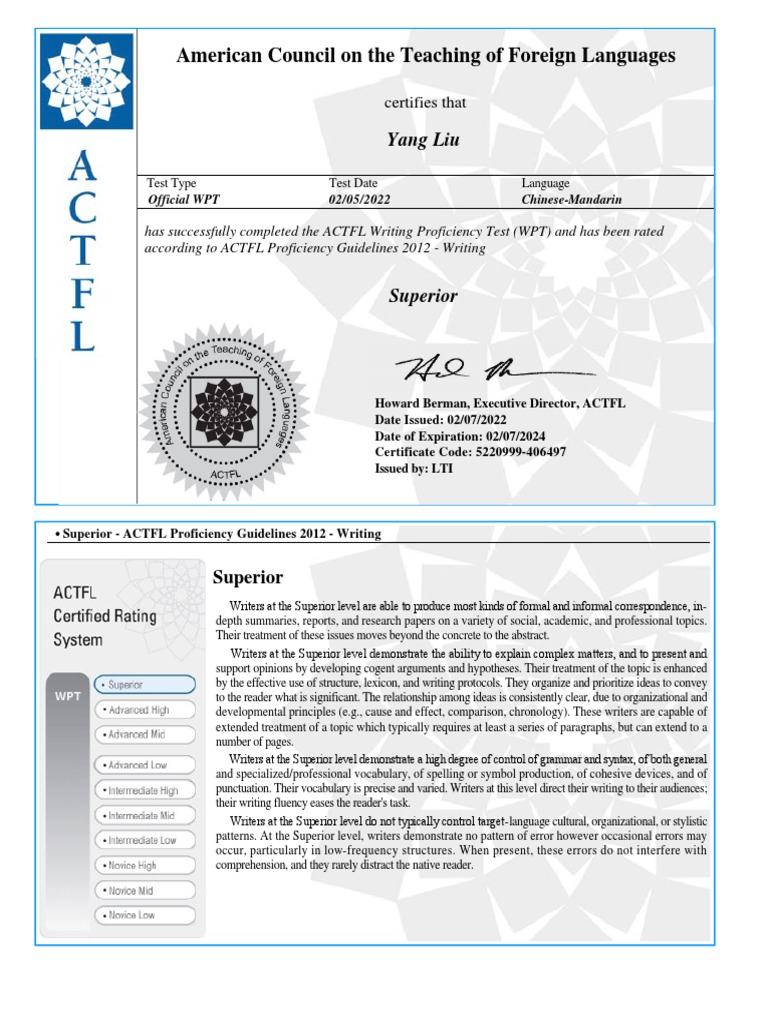 Writing Opi-Certificate Yang Liu | PDF | Vocabulary | Learning