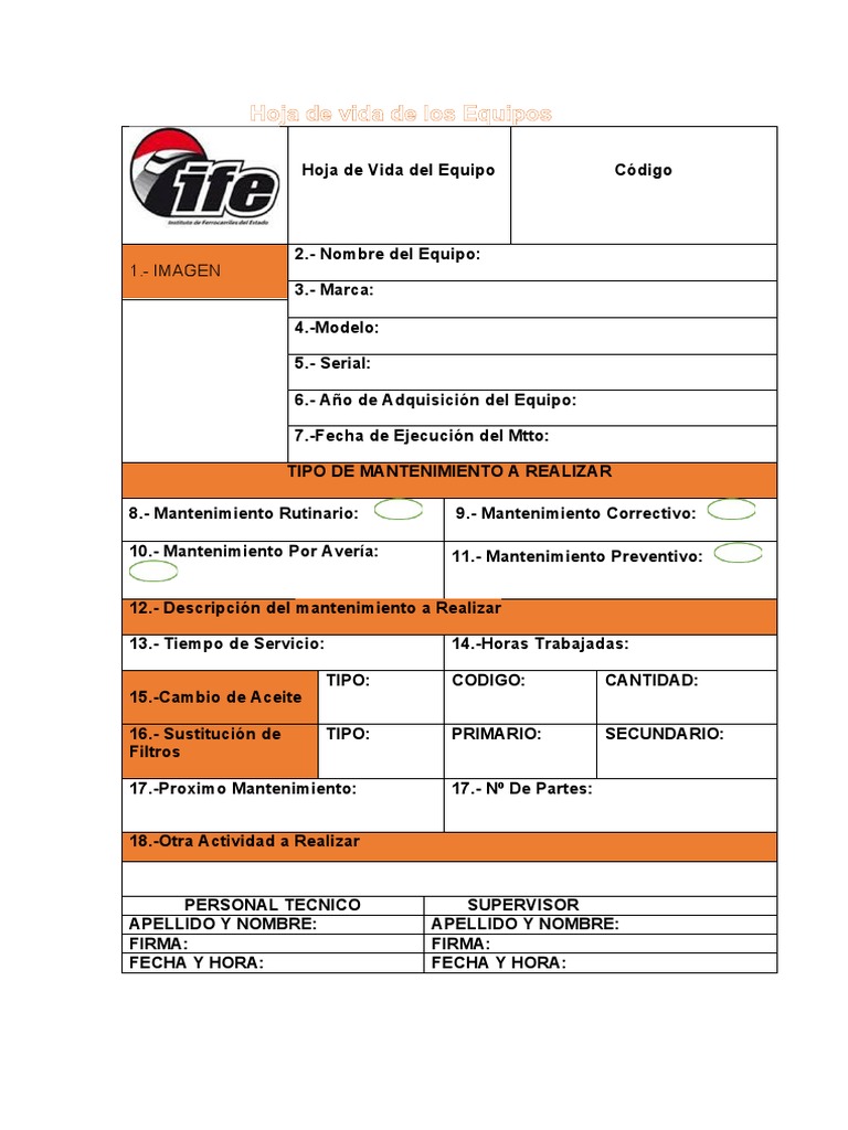 Hoja De Vida De Equipos Pdf